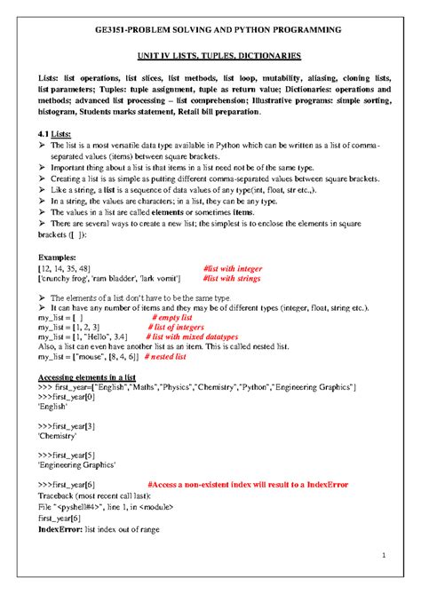 Unit 4 Cse Unit Iv Lists Tuples Dictionaries Lists List Operations List Slices List