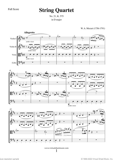 String Quartet No 21 In D Major K 575 Sheet Music Pdf