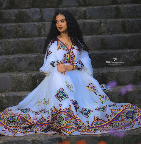 Colorful V Neck Embroidery Tibeb Ethiopian Traditional Dress