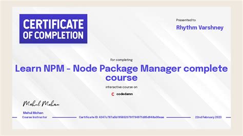 Rhythm Varshneys Certification For Learn Npm Node Package Manager Complete Course Codedamn