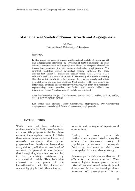 Pdf Mathematical Models Of Tumor Growth And Angiogenesis