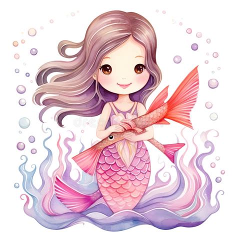Cute Mermaid Princess Watercolor Clipart Illustration Ai Generative