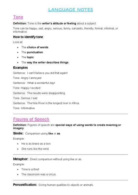 Gr8 Language Study Notes Tone Figures Of Speech And Punctuation Studocu