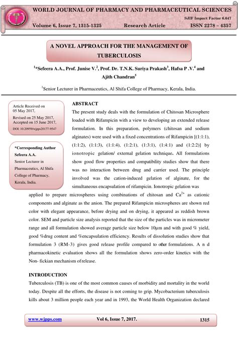 Pdf A Novel Approach For The Management Of Tuberculosis