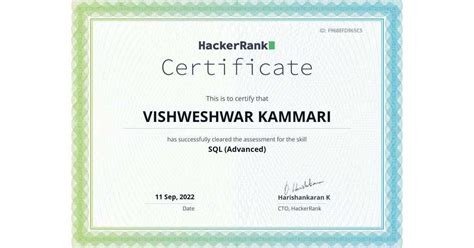 Vishweshwar Kammari On Linkedin Hackerrank Skill Certificate