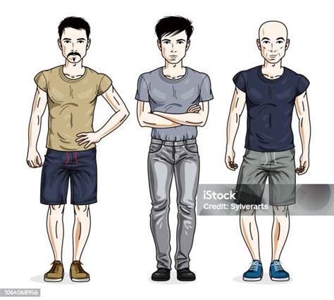 잘생긴 젊은 남자 세련 된 캐주얼 옷에서 포즈 아름 다운 사람 일러스트의 벡터 집합입니다 라이프 스타일 테마 남성 캐릭터입니다