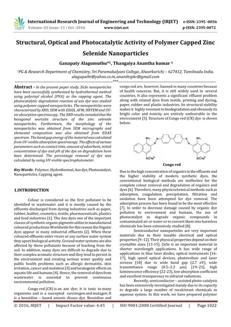 Pdf Structural Optical And Photocatalytic Activity Of Polymer Capped