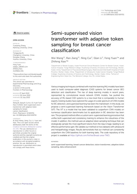 Pdf Semi Supervised Vision Transformer With Adaptive Token Sampling For Breast Cancer
