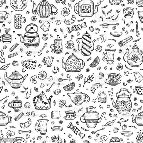 차 시간 벡터 완벽 한 패턴입니다 그릇과 과자 음식입니다 그려진 낙서 다른 찻주전자 손 커피 컵 또는 찻잔 및 차 마시는 용