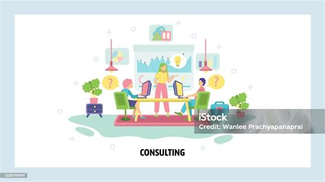 비즈니스 회의 및 컨퍼런스 사무실 비즈니스 프리젠 테이션 및 컨설팅에서 팀워크 컨설팅 코칭 및 교육 벡터 웹 사이트 디자인 템플릿입니다 방문 페이지 웹 사이트 일러스트