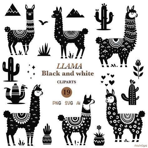 Llama Clipart Svg Black And White Illustration Png Set Vector Images