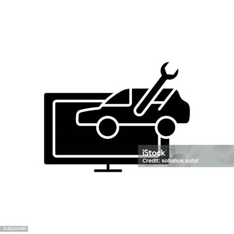 자동차와 렌치로 글리프 아이콘 그림을 모니터링합니다 자동차 수리 아이콘에 적합합니다 아이콘 그림 관련 수리 유지 보수 간단한 벡터 디자인 편집 가능 검사 보기에 대한 스톡