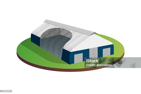 차양 타포린 텐트 임시 산업 건물 창고 격납고 전시 터널 홀 헛간 건설 공장 생산 유통 상품 또는 저장 개념 벡터 일러스트레이션