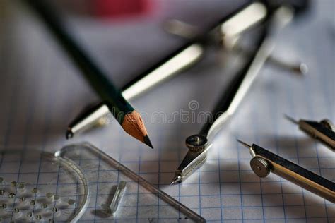 Drafting Tools On Grid Paper Close Up Stock Image Image Of Tool Draft 262866287