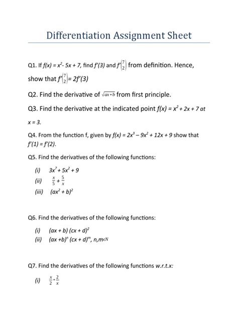 Differentiation Assignment Sheet Pdf Calculus Subtraction
