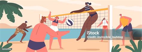 젊은 캐릭터는 모래 코트에서 비치 발리볼을 하고 태양 모래 팀워크 벡터 일러스트레이션을 즐긴다 Hurricane Sandy에 대한 스톡 벡터 아트 및 기타 이미지 Istock