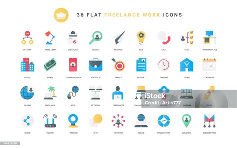 재택 근무 프리랜서 트렌디 플랫 아이콘 세트 온라인 회의 인터넷 작업 가정 생활에 대한 스톡 벡터 아트 및 기타 이미지 가정