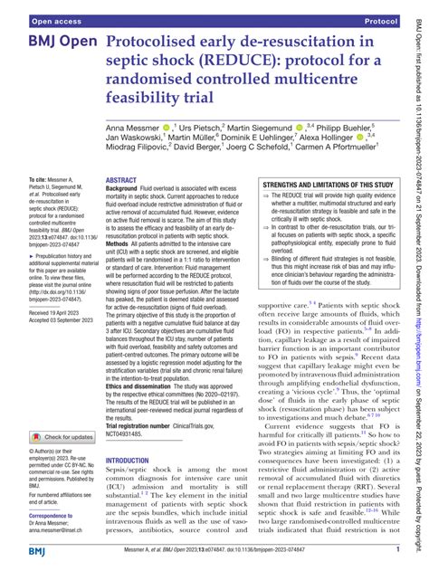 Pdf Protocolised Early De Resuscitation In Septic Shock Reduce Protocol For A Randomised