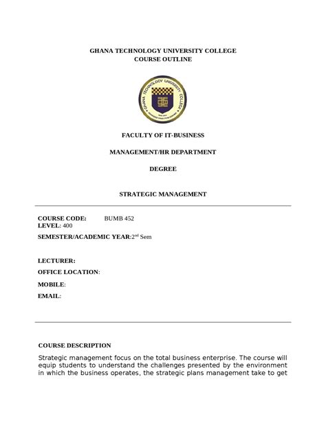 Course Outline Strategic Management Docsity