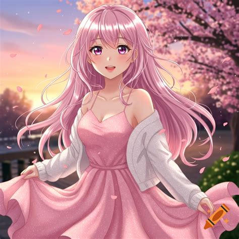 Cheerful Chubby Anime Girl With Pink Hair In Casual Outfit Smiling On