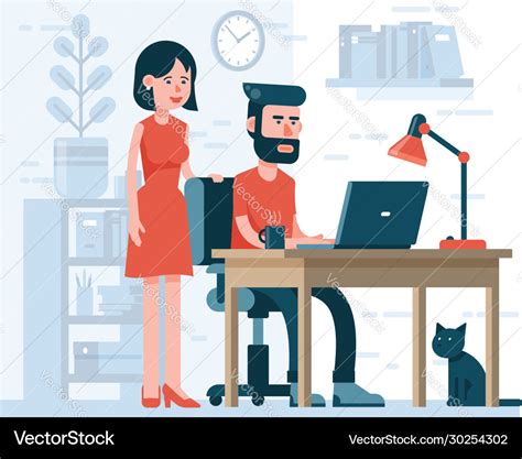 Man Is Working On Laptop Woman Standing Next Vector Image