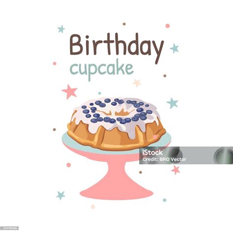 구운 디저트 전단지 생일 컵 케이크 텍스트가있는 딸기 케이크 벡터 일러스트레이션 포스터 및 브로셔 디자인을위한 휴일 및 디저트