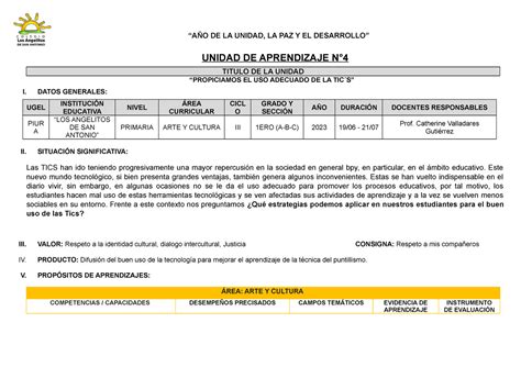 1° Grado Unidad 4 “aÑo De La Unidad La Paz Y El Desarrollo” Unidad