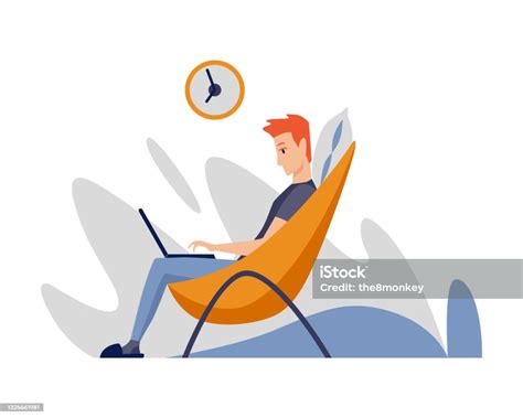 편안한 조건에서 집에서 일하는 프리랜서 남자 집에서 만화 캐릭터 작업 검역 중에 집에서 시간을 보내십시오 안전 개념에 대한 스톡 벡터 아트 및 기타 이미지 Istock