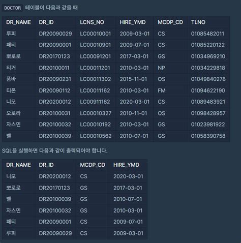 Programmers Mysql Select 흉부외과 또는 일반외과 의사 목록 출력하기