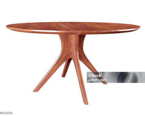 둥근 나무 복고풍 테이블 흰색 배경에 고립 된 식탁 클리핑 경로가 포함되어 있습니다 3d 렌더 측면 보기에 대한 스톡 사진 및