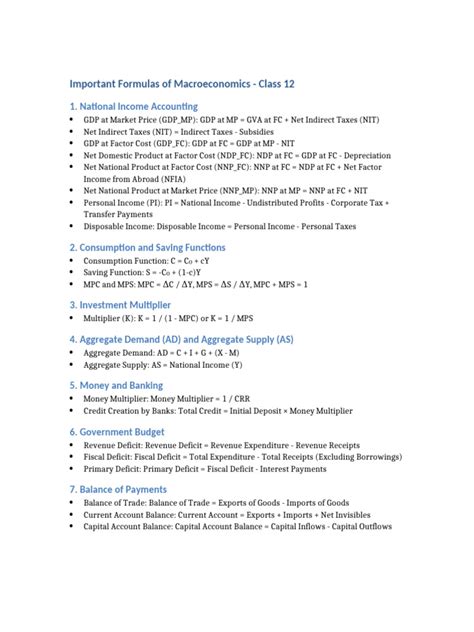 Macroeconomics Formulas Class12 Pdf
