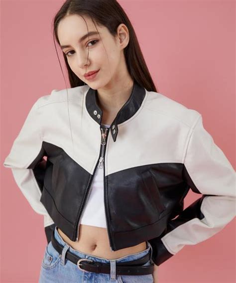 콜릿 [에스파 윈터 착용][39차 재입고] Women 맥시 크롭 투웨이 배색 레더 라이더자켓 [black White] 가죽자켓 Ver