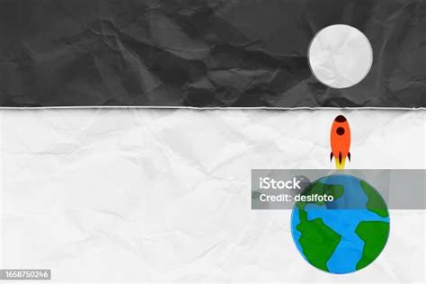 흰색 배경 위에 검은색 찢어진 종이 시트가 있는 우주 테마 배경 푸른 행성 지구에서 보름달로 이륙하는 불타는 빨간색 우주선 한 대 3차원 형태에 대한 스톡 벡터 아트 및