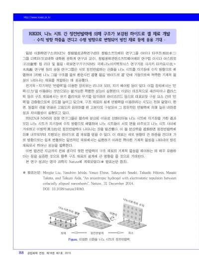 신기술 소개 Riken 나노 시트 간 정전반발력에 의해 구조가 보강된 하이드로 겔 재료 개발 수직 방향 하중을 견디고 수평 방향으로 변형되어 방진 재료 등에 응용 기대
