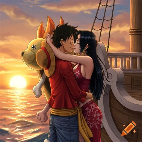 Luffy And Boa Hancock Embrace On A Ship At Sunset About To Kiss In An