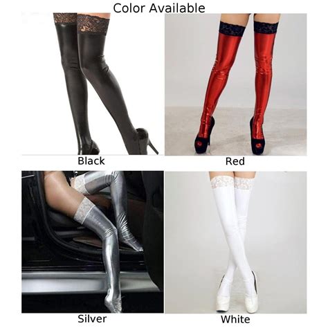 Sexy Black Pu Leather Wetlook Clubwear Lace Thigh High Stockings For Females Ebay