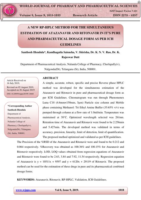 Pdf A New Rp Hplc Method For The Simultaneous Estimation Of Atazanavir And Ritonavir In Its