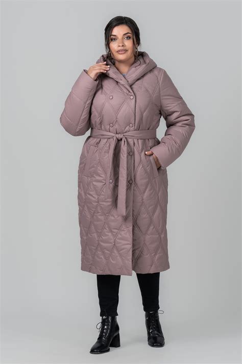 Пальто жіноче зимове пудрове стьобане подовжене з поясом Аризона великого розміру 50 60 102013
