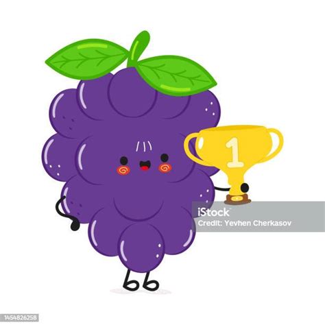귀여운 재미 있는 포도는 금 트로피 컵을 들고 있습니다 벡터 손으로 그린 만화 Kawaii 캐릭터 그림 아이콘입니다 흰색 배경에 격리 우승자 트로피 컵이 있는 포도 개념에