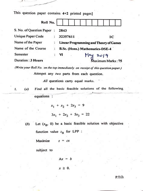Question Papers Linear Prog And Applications Pdf Linear