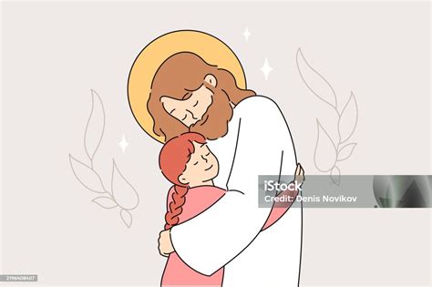 예수는 어린 소녀를 껴안으며 그리스도인과 가톨릭 신자에 대한 하나님의 사랑과 보호를 보여줍니다 예수에 대한 스톡 벡터 아트 및 기타 이미지 Istock
