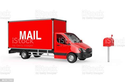 빠른 배달 개념입니다 레드 상업 산업 화물 배달 밴 트럭 빨간색 메일 상자 근처 메일 기호로 3 차원 렌더링 교통수단에 대한 스톡 사진 및 기타 이미지 Istock