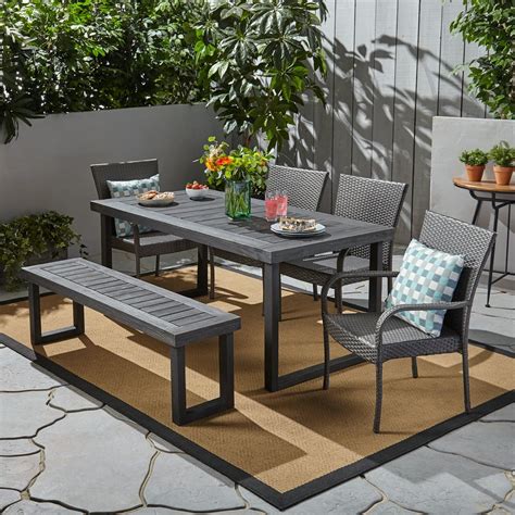 Zoe Outdoor 6 Piece Acacia Wood Dining Set With Bench And Wicker