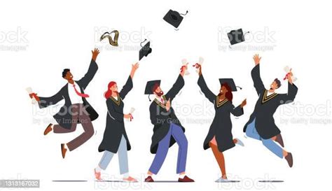 졸업 가운과 모자 기뻐 점프와 졸업장을 얻기 위해 행복 을 응원남성과 여성 캐릭터의 그룹 졸업식에 대한 스톡 벡터 아트 및 기타