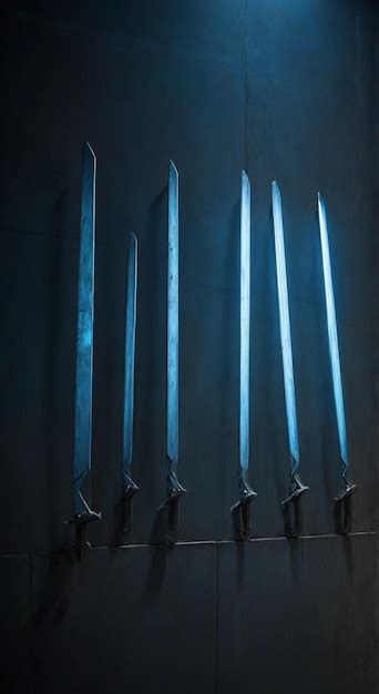 A Row Of Swords With Blue Lights On The Wall Premium Ai Generated Image