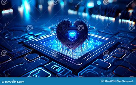 Heart Shaped Circuit Board With Electronic Details And Glowing Blue Lights Symbolizing A Fusion