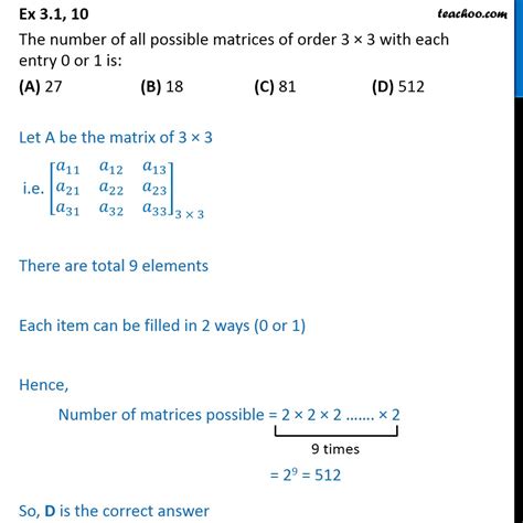 Ex 3 1 10 Number Of Matrices Of Order 3 X 3 Entry 0 Or 1