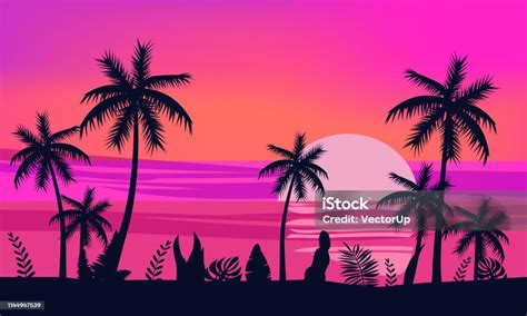 여름 휴가 시즌 열 대 이국적인 해변 일몰 바다 바다입니다 야자수 부두 태양의 실루엣입니다 벡터 삽화 고립 된 포스터 배너 초대장 열대 기후에 대한 스톡 벡터 아트 및 기타