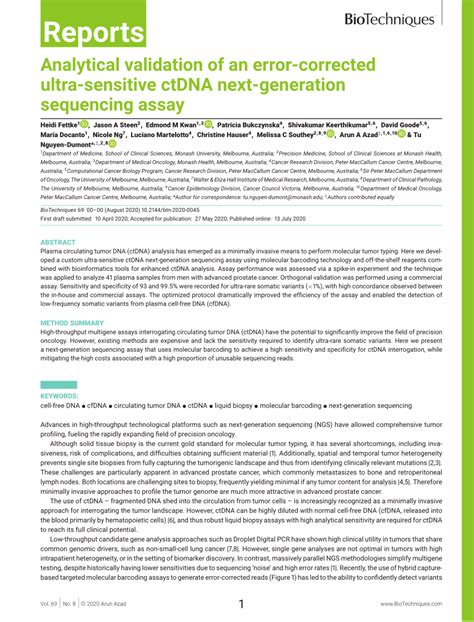 Pdf Analytical Validation Of An Error Corrected Ultra Sensitive Ctdna Next Generation