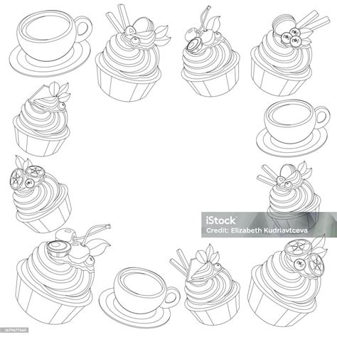 컵케이크 커피 라인 컵이 있는 아이들을 위한 색칠하기 책 검은색에 대한 스톡 벡터 아트 및 기타 이미지 검은색 과일 케이크 까치밥나무 열매류 Istock